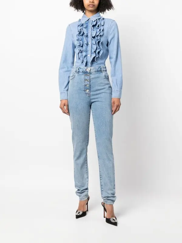 Moschino Ruffled Washed-denim Shirt