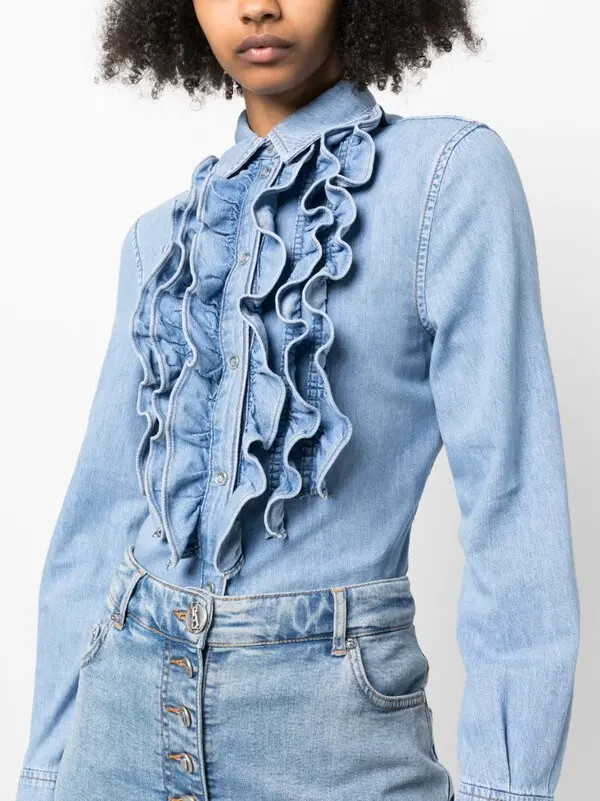 Moschino Ruffled Washed-denim Shirt