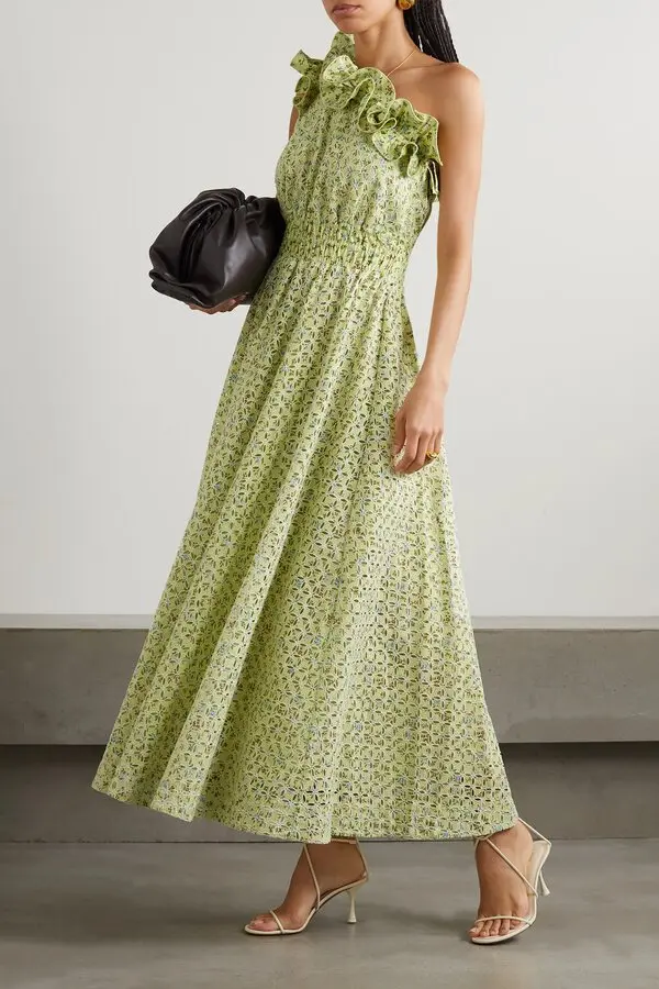Alemais Maeve One-Shoulder Floral-Print Broderie Anglaise Cotton Maxi Dress  In Green - 50% Off | Editorialist