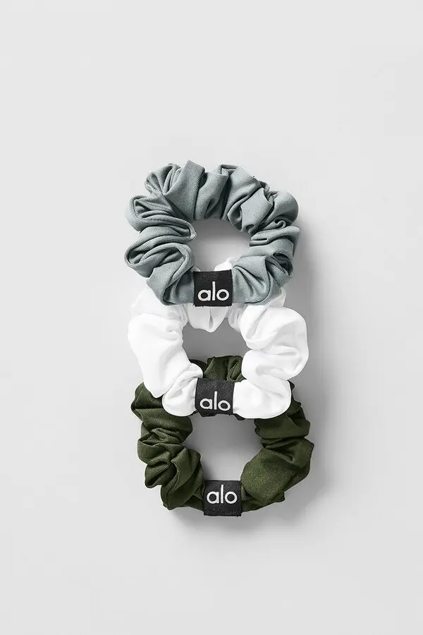 Alo Yoga Fresh Mini Scrunchie 3-pack - Green Olive/lunar Grey/white