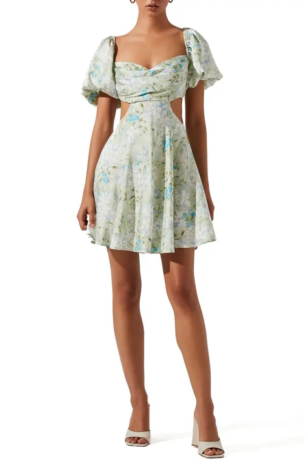 Astr The Label Clarita Floral Puff Sleeve Cutout Dress In Green Blue Floral  - 40% Off | Editorialist