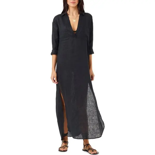 L*Space Capistrano Long Sleeve Linen Cover-up Tunic Dress - Black