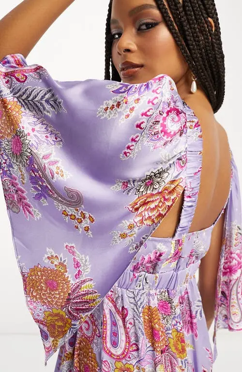 Asos Floral Print Flutter Sleeve Satin Maxi Dress