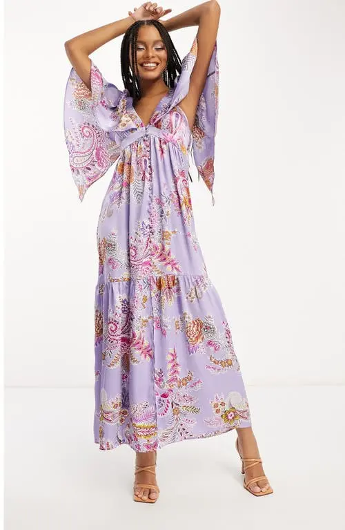 Asos Floral Print Flutter Sleeve Satin Maxi Dress
