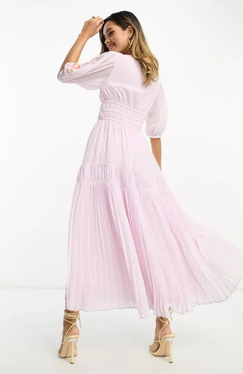 asos embroidered dress pink ASOS DESIGN angel sleeve ruffle embroidered maxi dress in dusky pink