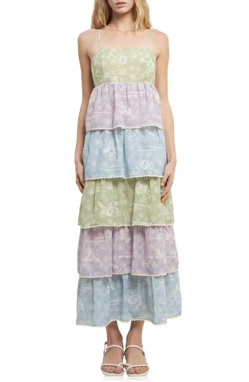 English Factory Floral Embroidered Tiered Maxi Dress - Green Multi