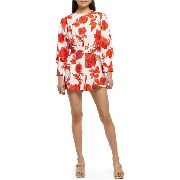 RIVER ISLAND Floral Romper With Belt - White/red