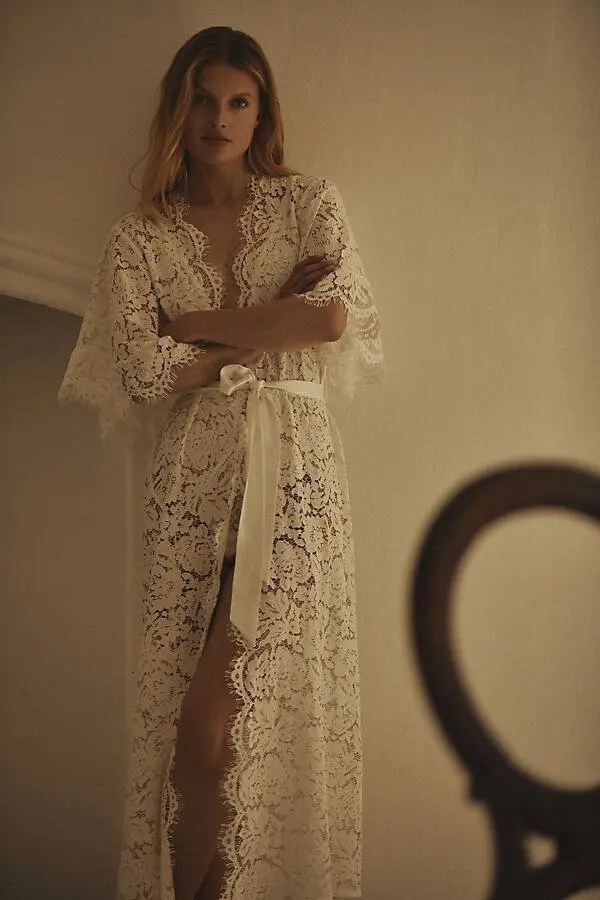 HOMEBODII Saskia Long Lace Robe - Ivory