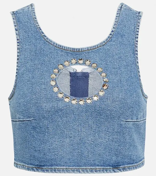 7 For All Mankind Embellished Denim Crop Top - Blue