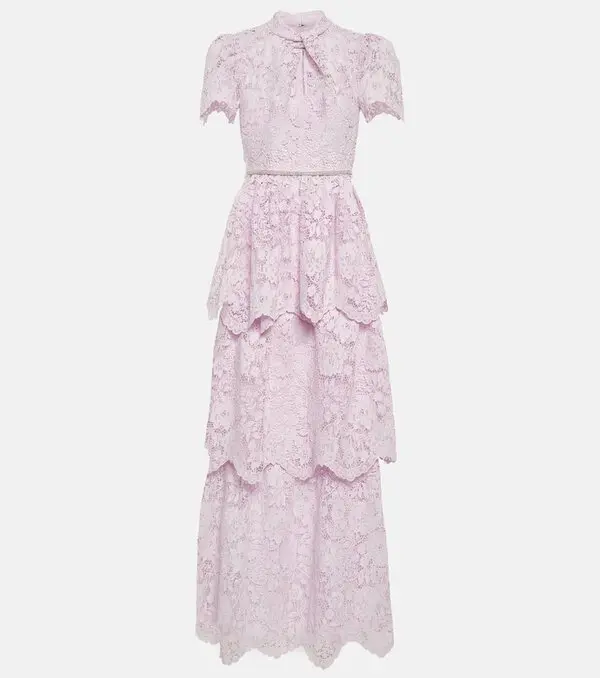 Self-Portrait Tiered Lace Maxi Dress In Pink - 30% Off | Editorialist