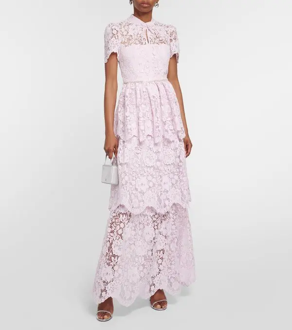 Self-Portrait Tiered Lace Maxi Dress In Pink - 30% Off | Editorialist