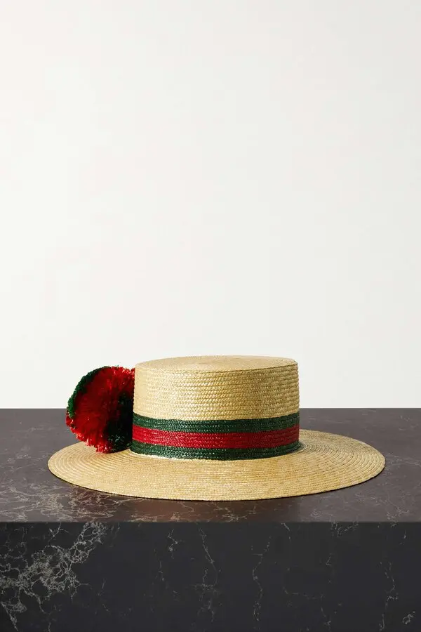 Gucci Pompom-Embellished Striped Straw Sunhat - Beige  display picture 2