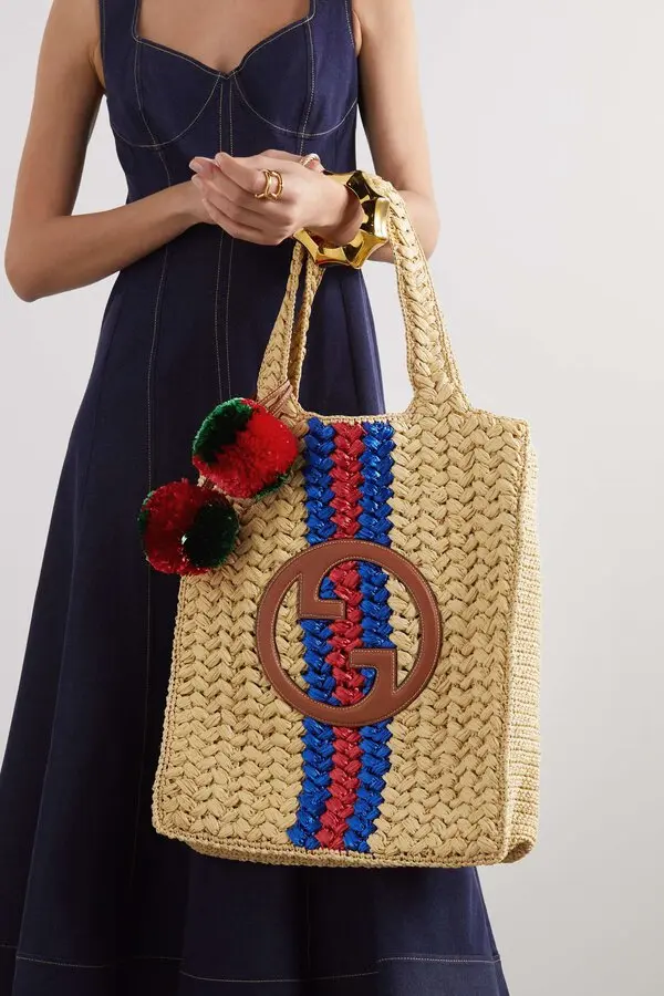 Gucci Embellished Leather-trimmed Crocheted Raffia Tote