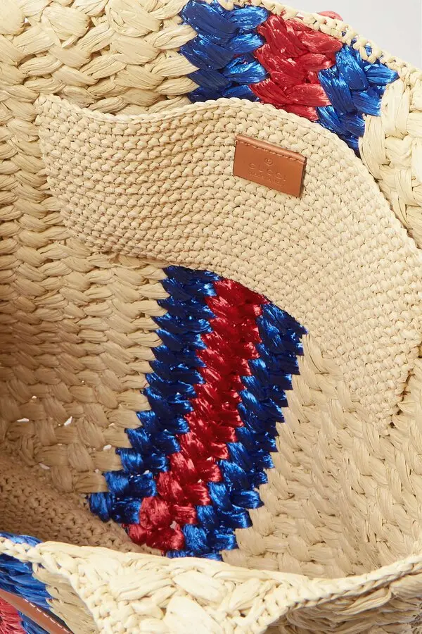 Gucci Embellished Leather-trimmed Crocheted Raffia Tote