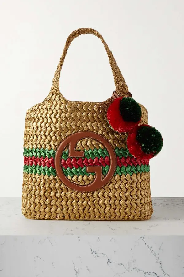 Gucci Embellished Leather-trimmed Metallic Crocheted Raffia Tote