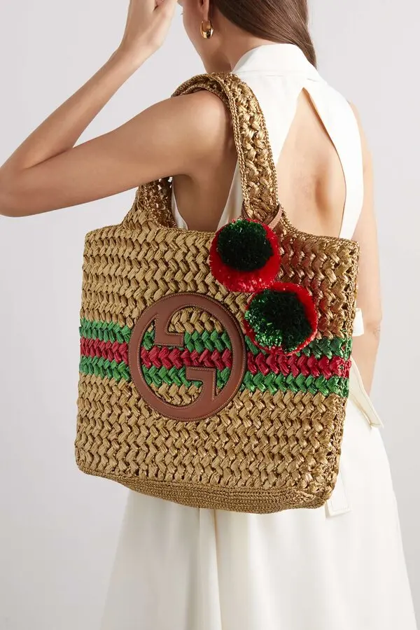 Gucci Embellished Leather-trimmed Metallic Crocheted Raffia Tote