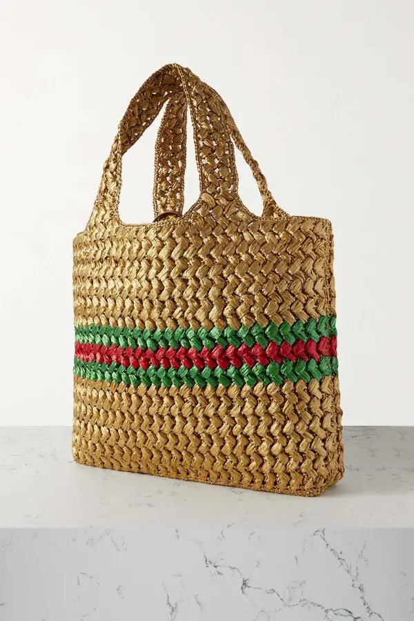 Gucci Embellished Leather-trimmed Metallic Crocheted Raffia Tote