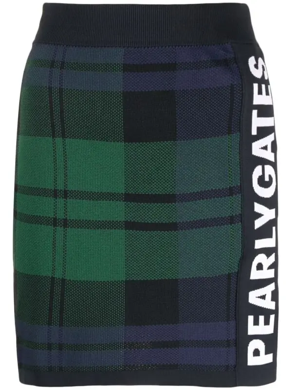 PEARLY GATES Logo-tape Plaid Knitted Skirt - Blue