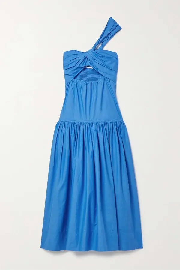 A.L.C. Aubrey One-Shoulder Cutout Tiered Cotton-Poplin Midi Dress - Azure |  Editorialist