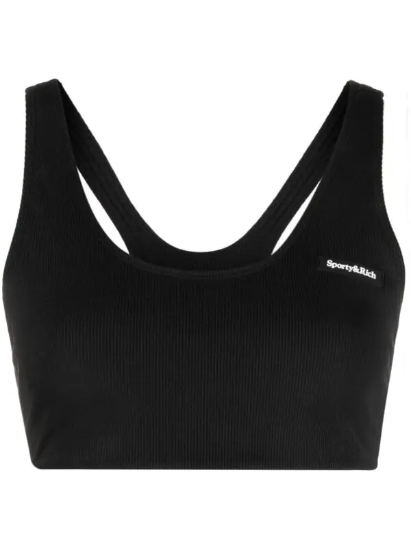 SPORTY & RICH Serif Logo Patch Ribbed Bra - Black