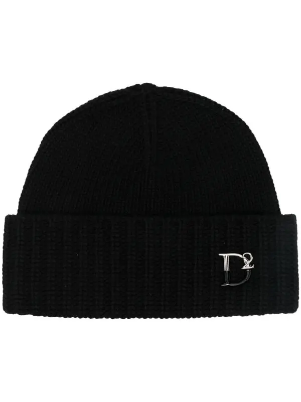 Dsquared2 Monogram Plaque Knitted Beanie - Black