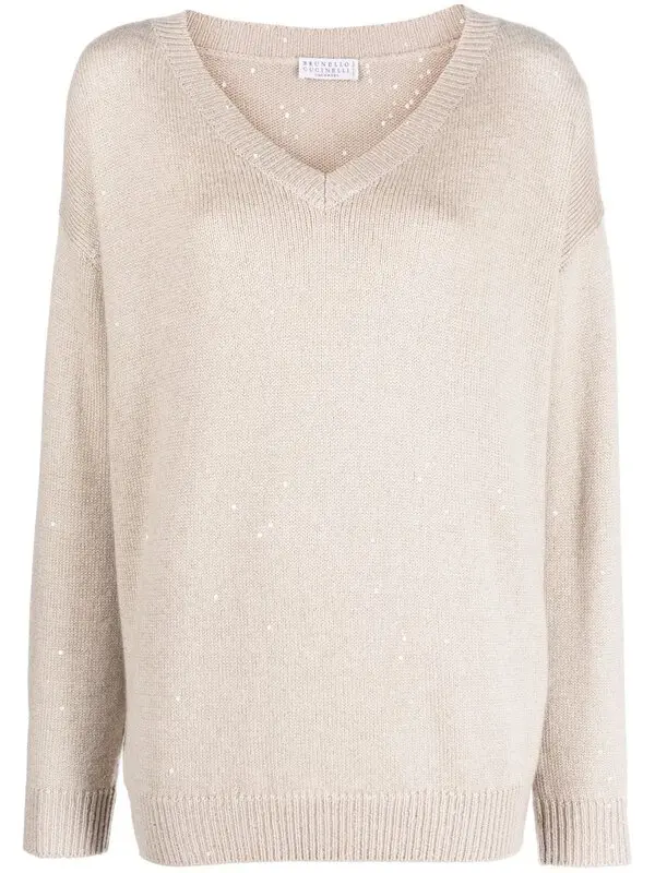 Brunello Cucinelli Sequin-embellished V-neck Jumper