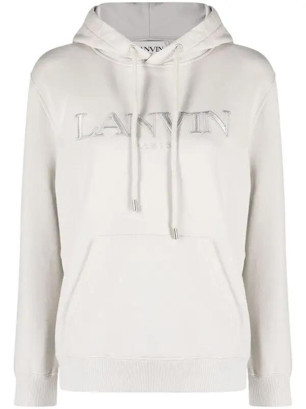 LANVIN Logo-embroidered Cotton Hoodie - Neutrals