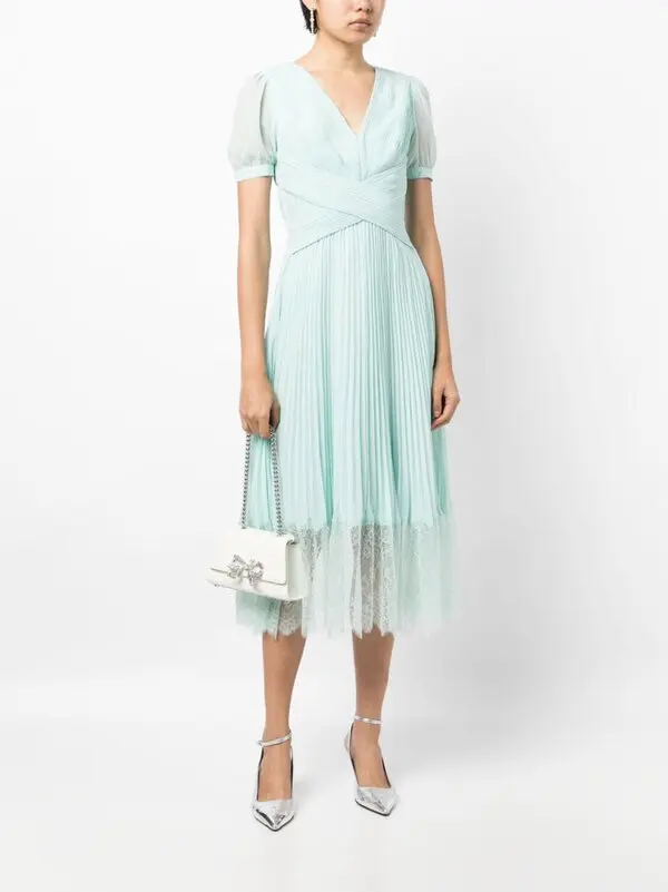 SELF-PORTRAIT Pleated Lace-trim Midi Dress