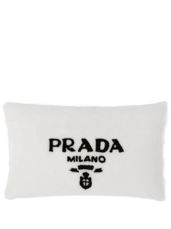 Prada Embroidered Logo Sheepskin Cushion - White