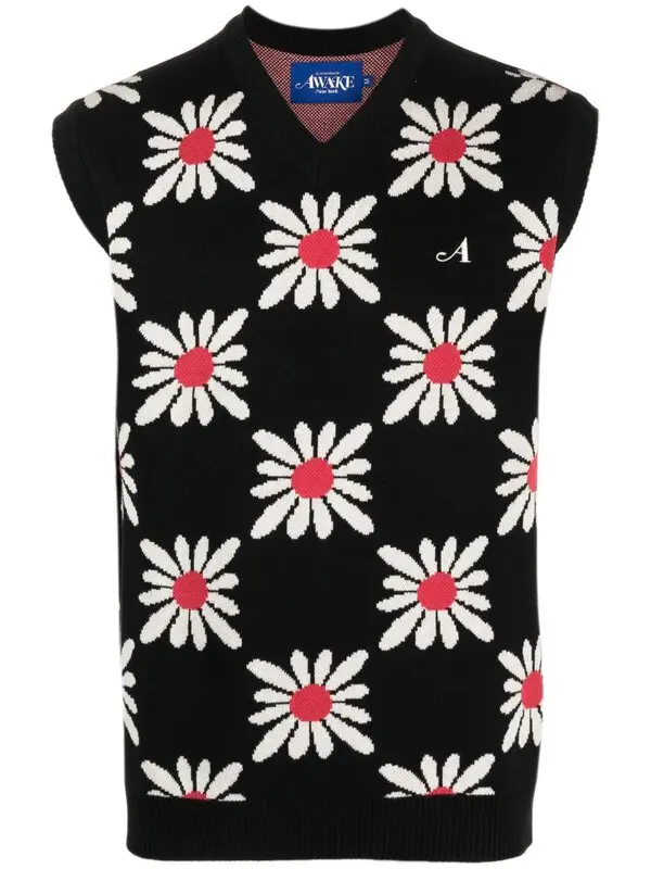 AWAKE NY Floral-print Knitted Vest - Black