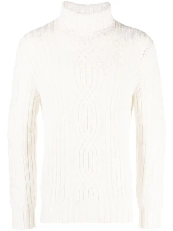 Brunello Cucinelli Cream Cashmere Cable Knit Turtleneck Sweater - White