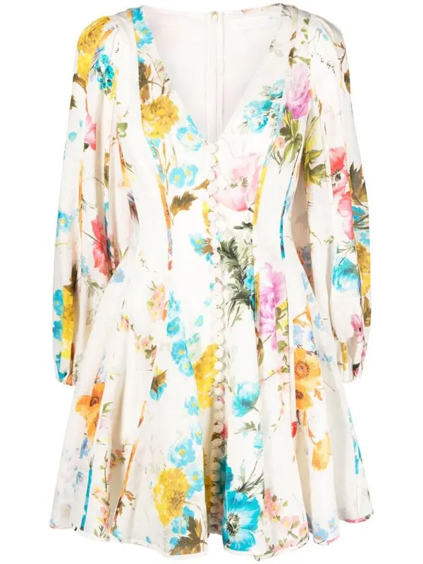 Zimmermann Halcyon Floral-print Linen Minidress - Neutrals
