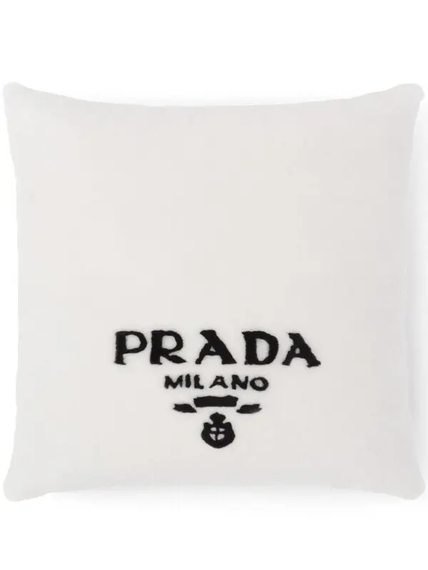 Prada Embroidered-logo Sheepskin Cushion - White