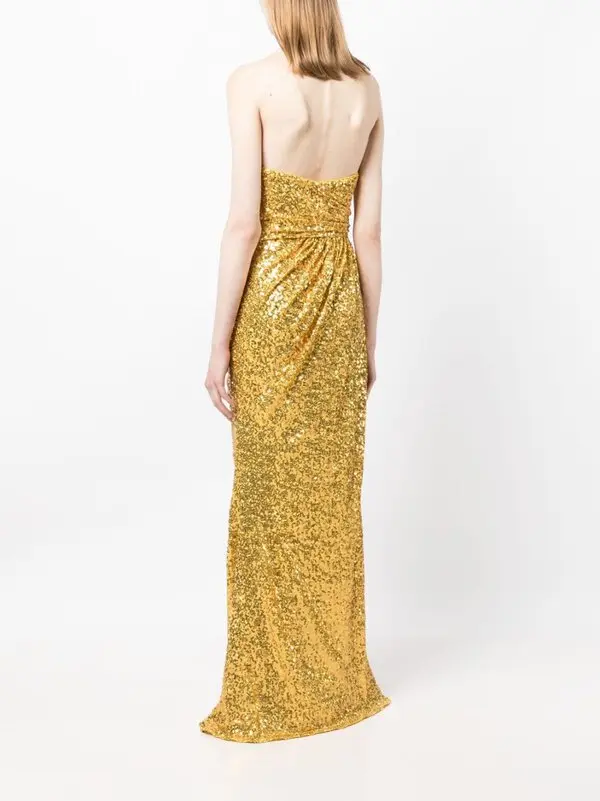 slim fit dress slacks HACCHIC Couture Gold Strapless Long Dress