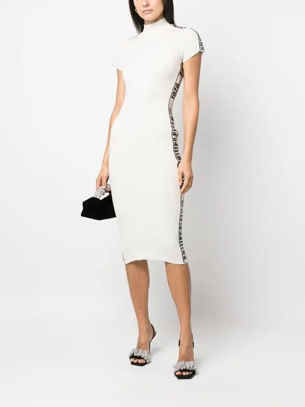 Philipp Plein Rhinestone Logo Ribbed Wool Midi Dress