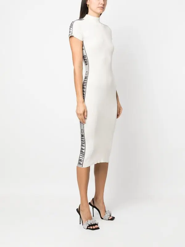 Philipp Plein Rhinestone Logo Ribbed Wool Midi Dress
