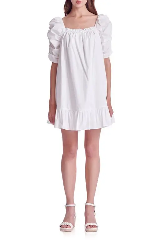 English Factory Cotton Shift Mini Dress With Puff Sleeves - White