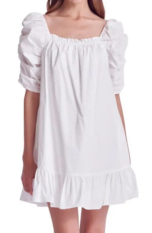 English Factory Cotton Shift Mini Dress With Puff Sleeves - White