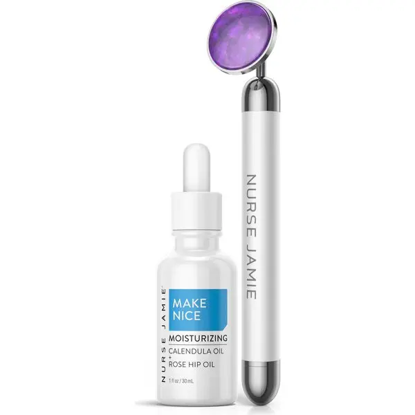 NURSE JAMIE Good Vibrations Massaging Tool & Moisturizing Oil Set Usd $170 Value - Purple/white/silver/blue