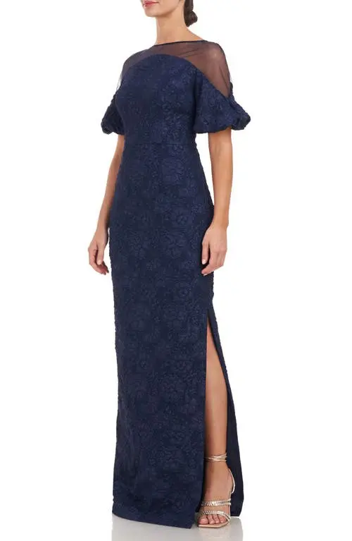 Js Collections Janessa Floral Mesh Column Gown In Navy - 70% Off |  Editorialist