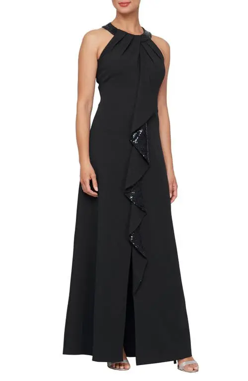 SL FASHIONS Sequin Halter Neck Ruffle Gown - Black
