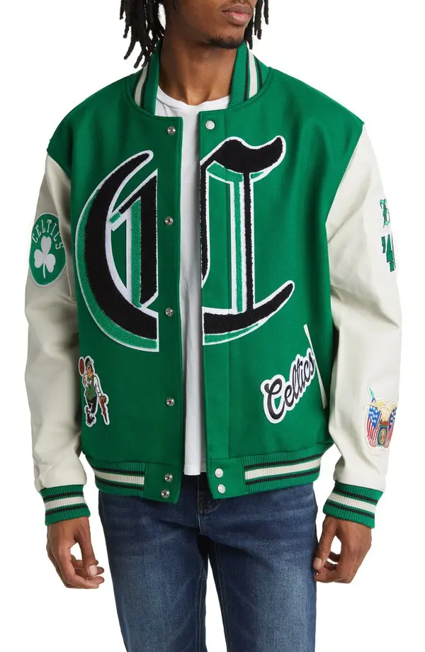 JEFF HAMILTON Boston Celtics Block Letter Wool Blend Varsity Jacket