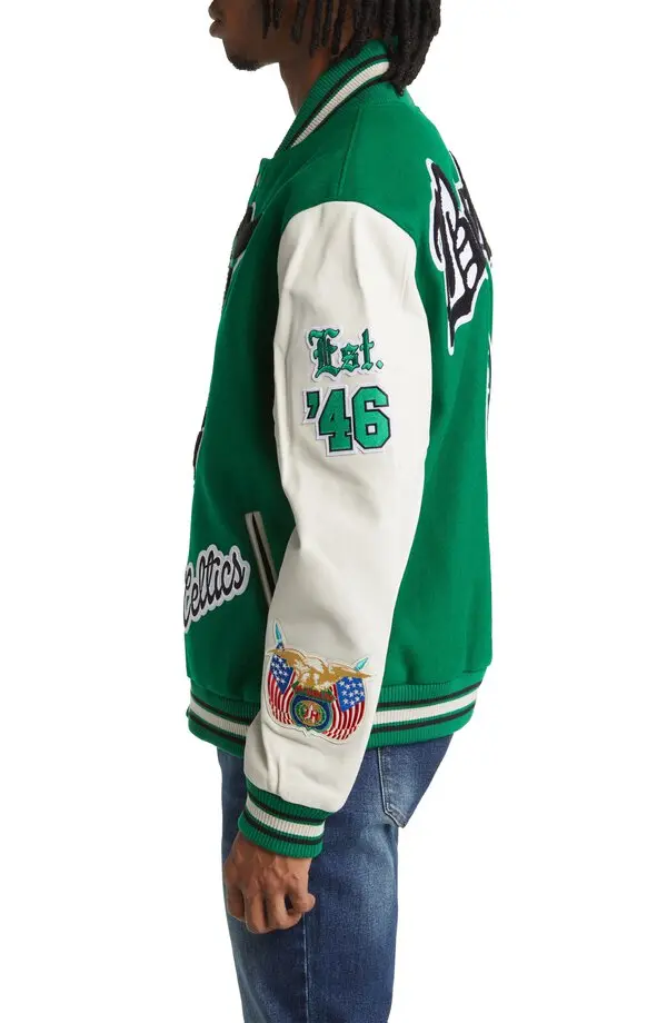 JEFF HAMILTON Boston Celtics Block Letter Wool Blend Varsity Jacket