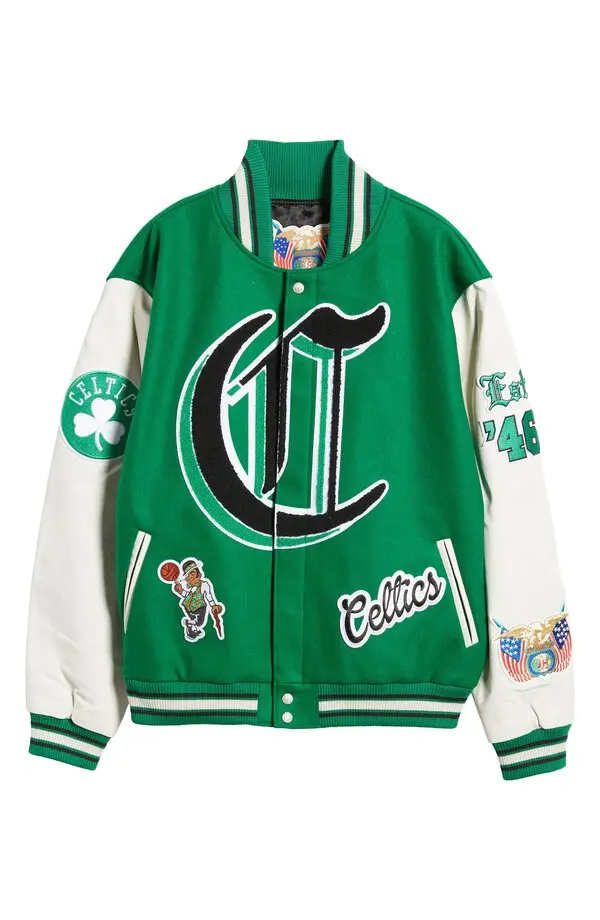 JEFF HAMILTON Boston Celtics Block Letter Wool Blend Varsity Jacket