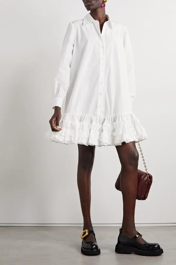 Molly Goddard Miley Ruffled Cotton Mini Shirt Dress In White - 50