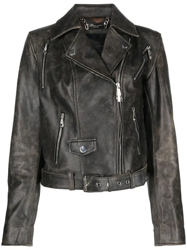 Philipp Plein Leather Biker Jacket - Black