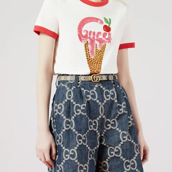 Gucci Gg Marmont Reversible Thin Belt - Beige