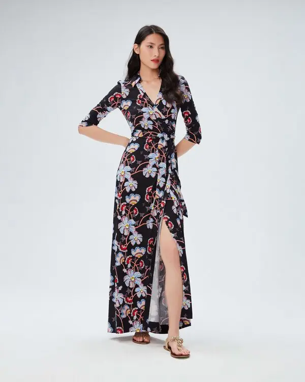 Diane Von Furstenberg Abigail Silk Jersey Maxi Wrap Dress In Tiny Tiger  Lily Black - 50% Off | Editorialist