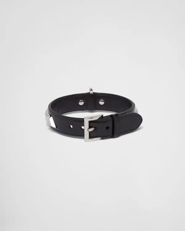 Prada Black Leather Wrist Strap Choker Belt Dog Collar PRADA D-Ring Brand-Plaque Leather And Woven Dog Collar  main image 3