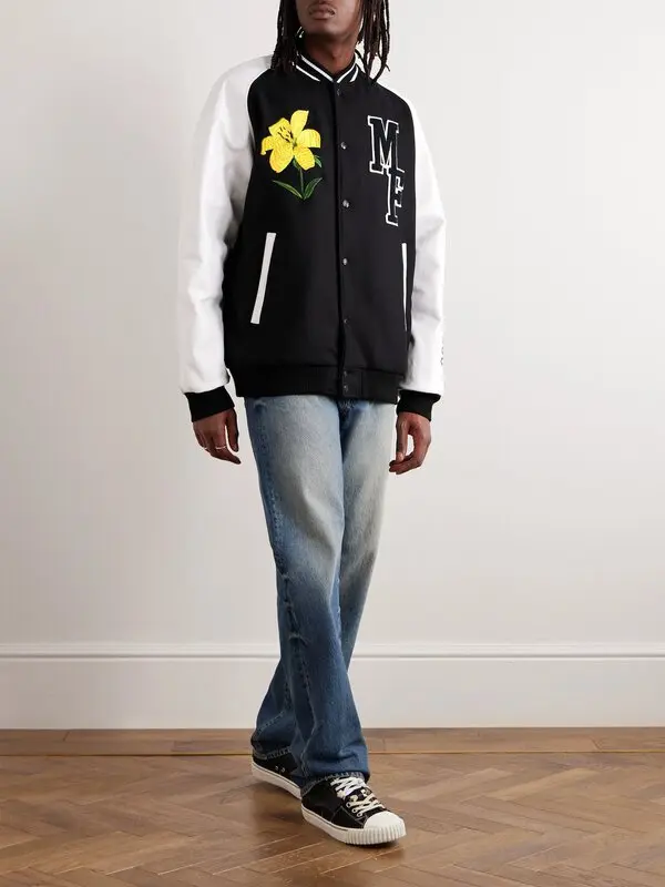 Moncler 7 Frgmt Hiroshi Fujiwara Celsia Wool-blend Felt And Full-grain Leather Down Varsity Jacket